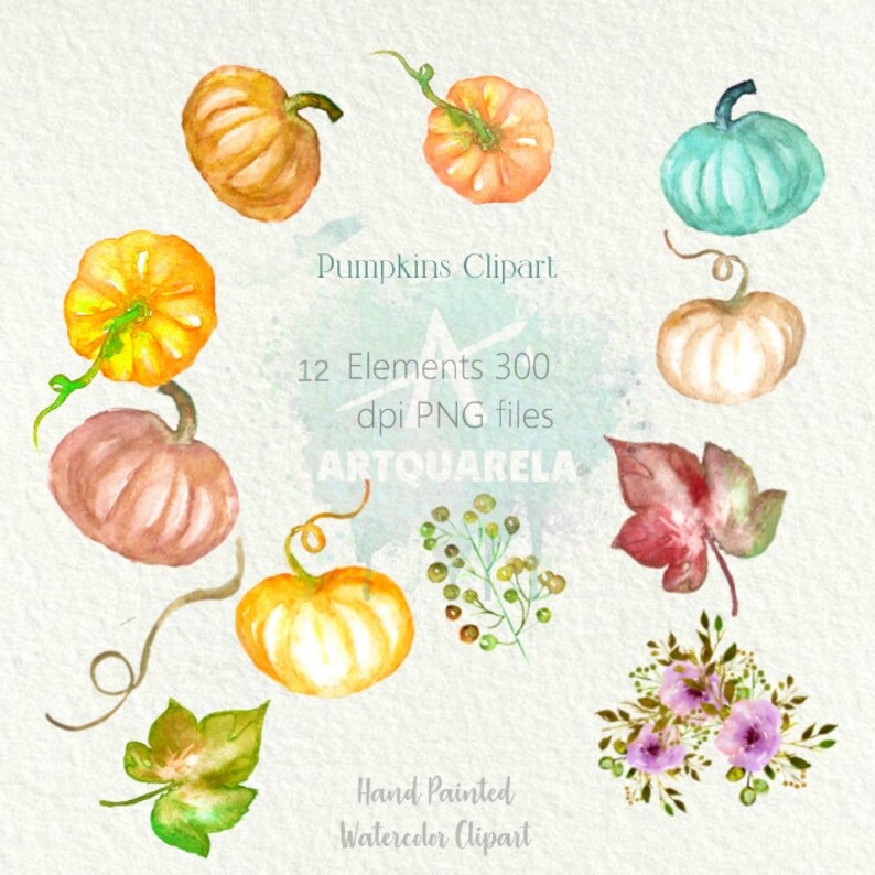 Pumpkins clipart. Hand Painted Watercolor clip Art. Fall | Etsy