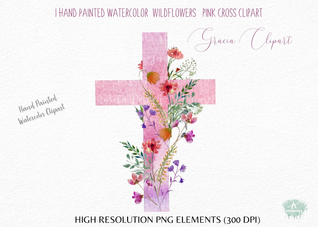 Watercolor Floral Pink Cross Clipart PNG Catholic Bridal Invite Cross ...
