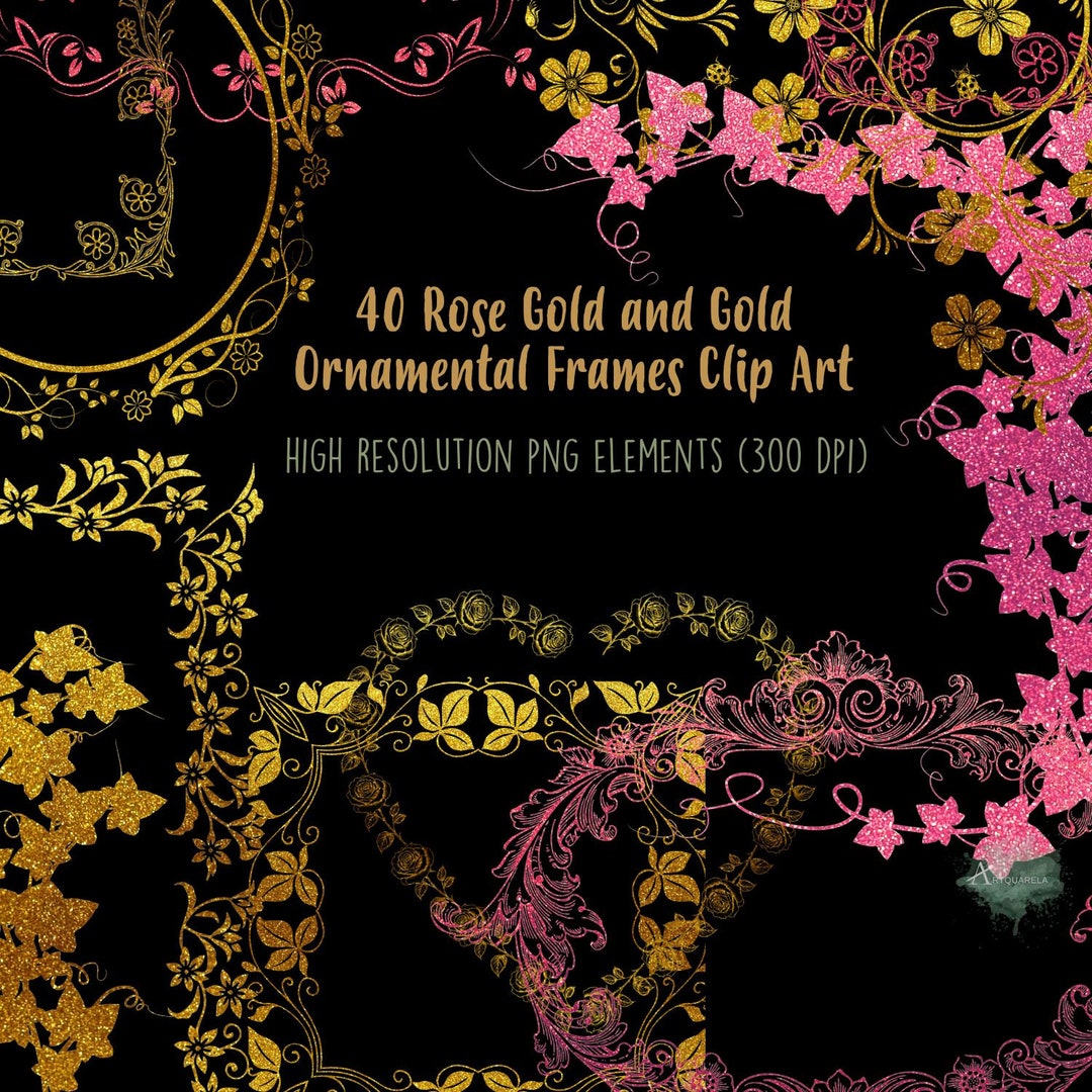 Gold & Rose Gold Floral Frames Clip Art: Glitter Wreaths (PNG ...