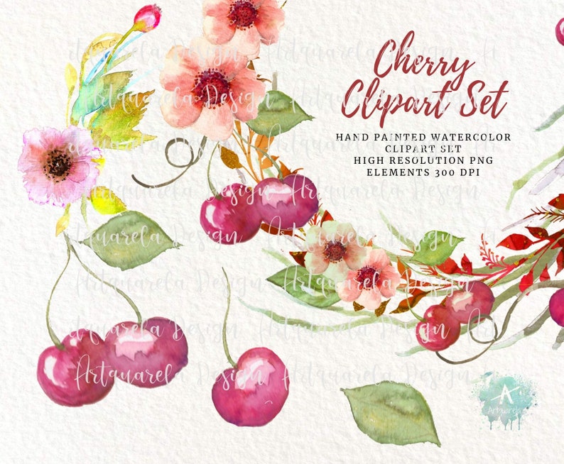 Cherries Clip Art Set Watercolor Cherry Blossom Floral Wreath - Etsy
