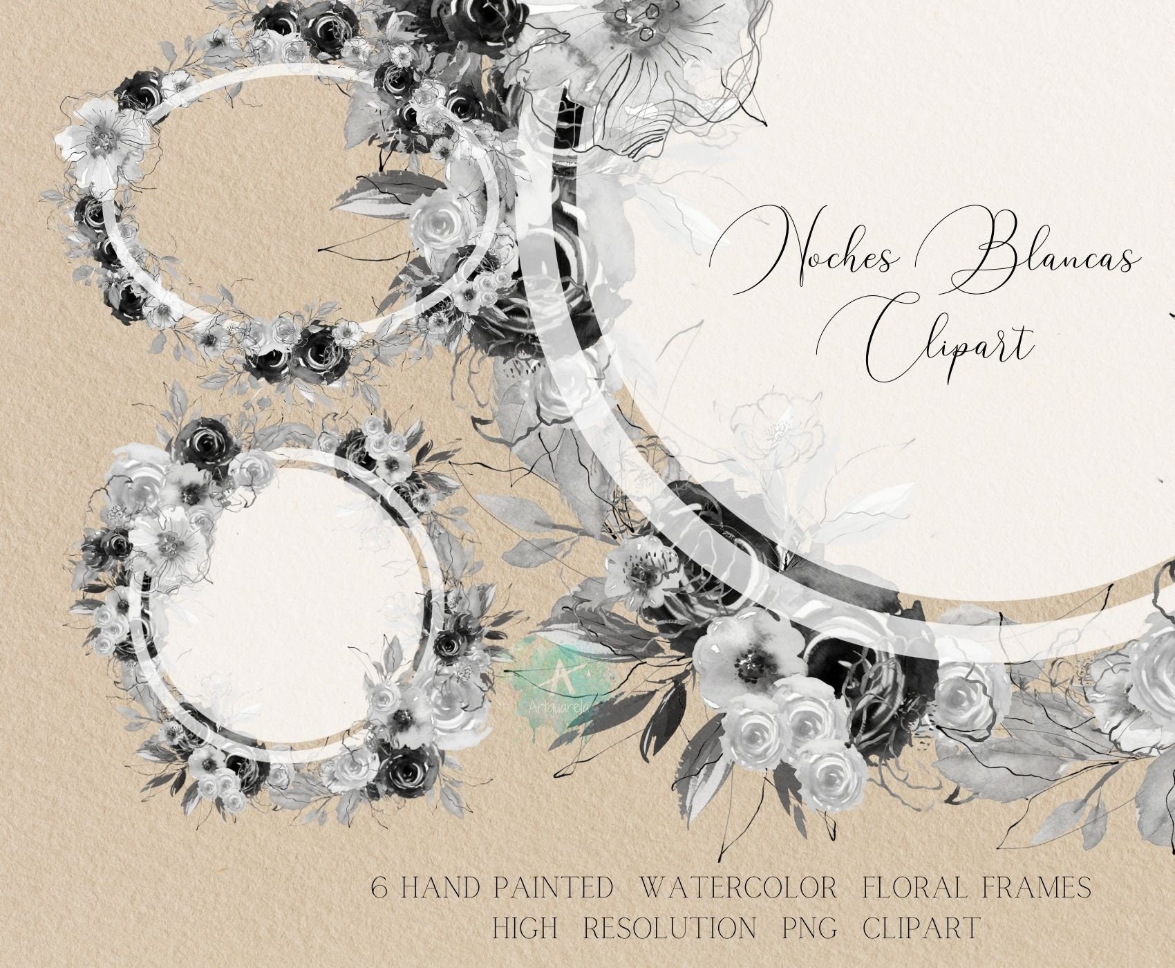 6 Dark Grey Floral Frames Set Clipart Black & White Floral | Etsy