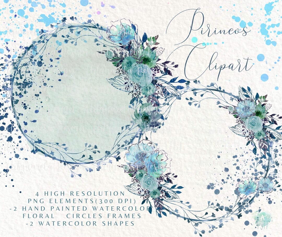 Watercolor & Blue Glitter Finished Floral Wreaths Clipart ,floral ...