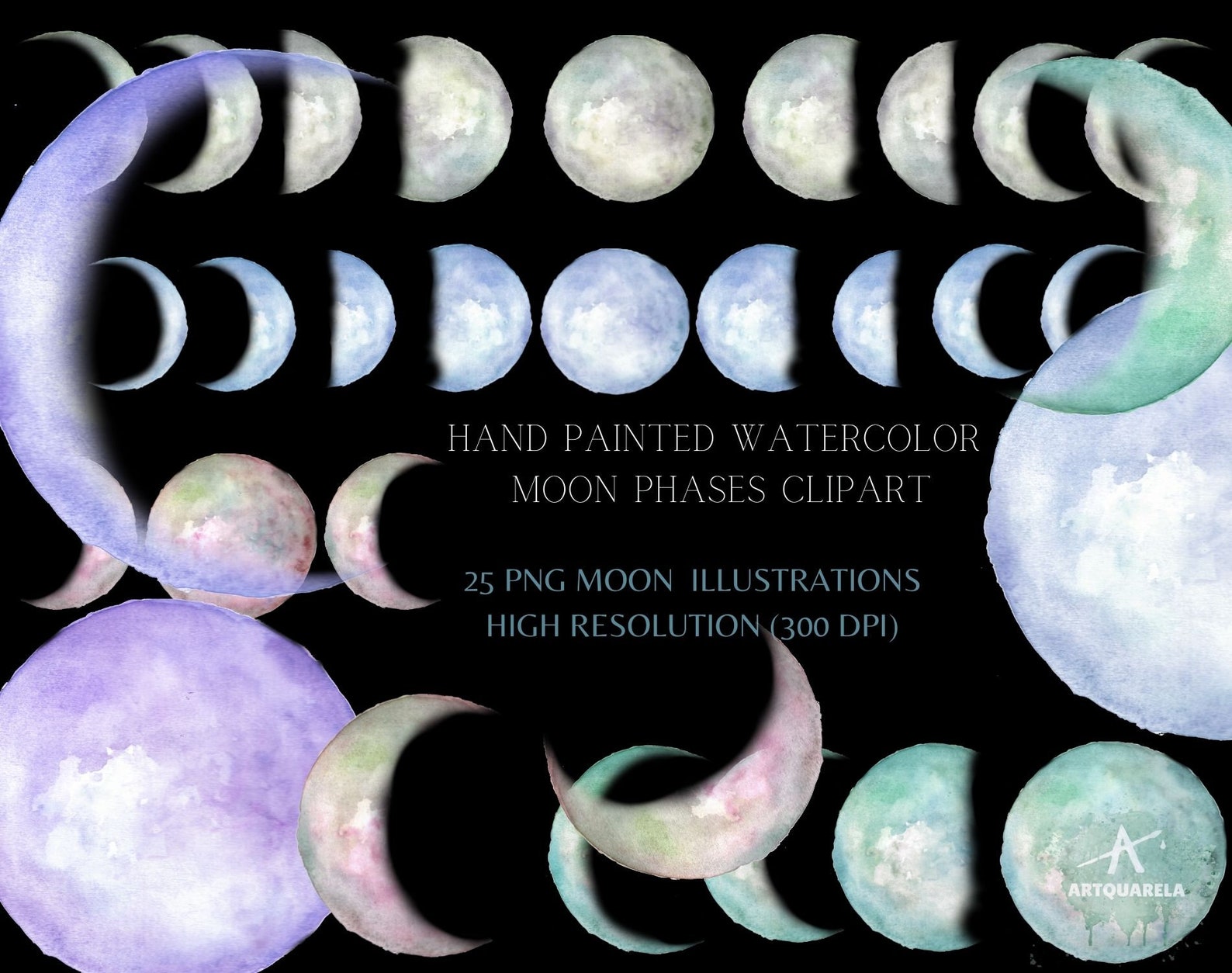 Moon Phases Cliparthand Painted Watercolor Moon Clip Art - Etsy