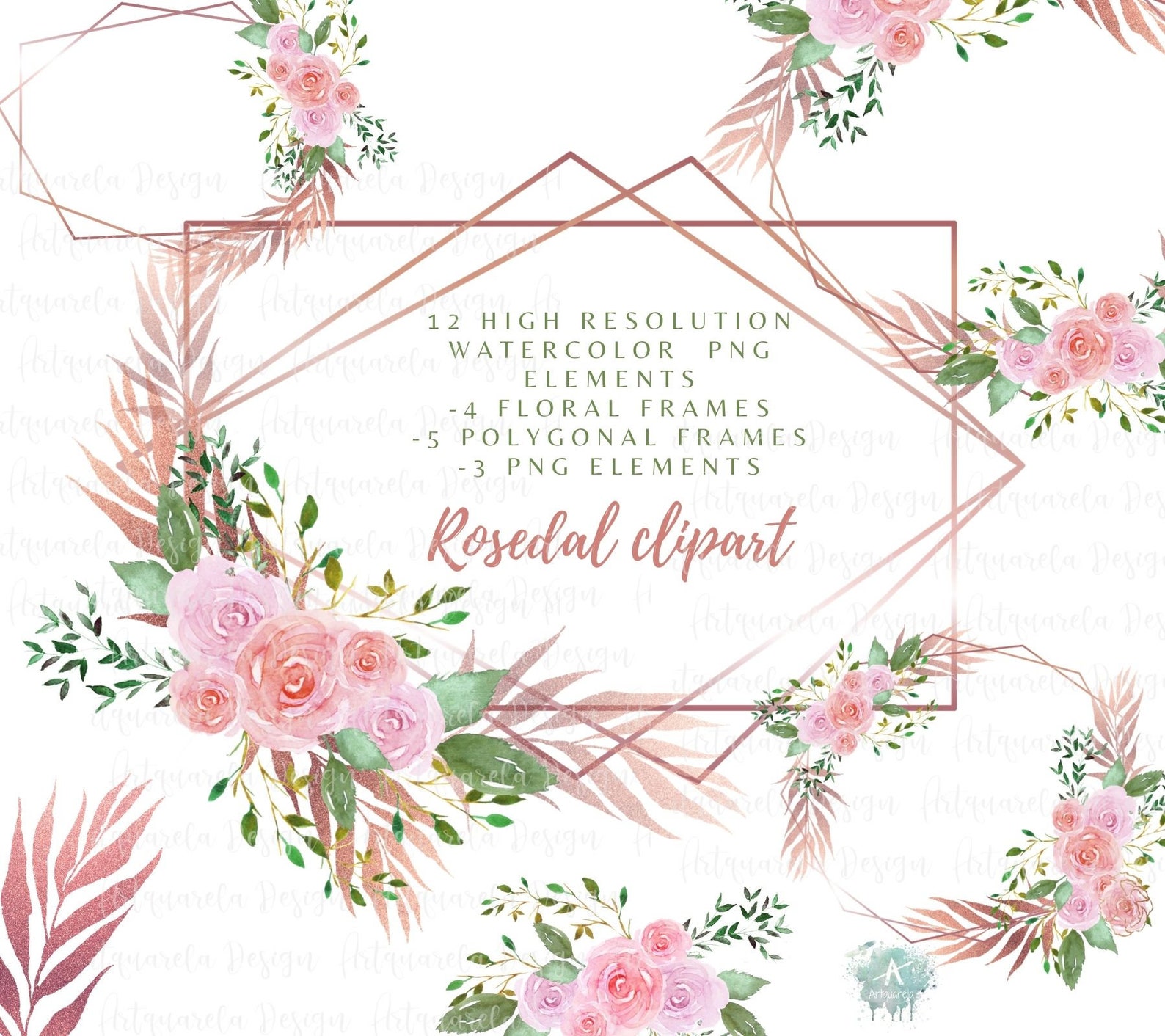 Rose Gold Frames clipart set Floral Roses frames Watercolor | Etsy