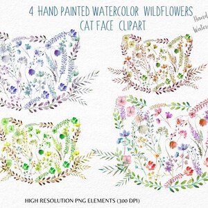 Floral Kitten Faces Clip Art- Hand Painted Watercolor Floral Cat Faces ...