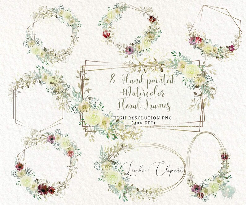 8 Watercolor & Gold Geometric Floral Clipartflowersglitter - Etsy