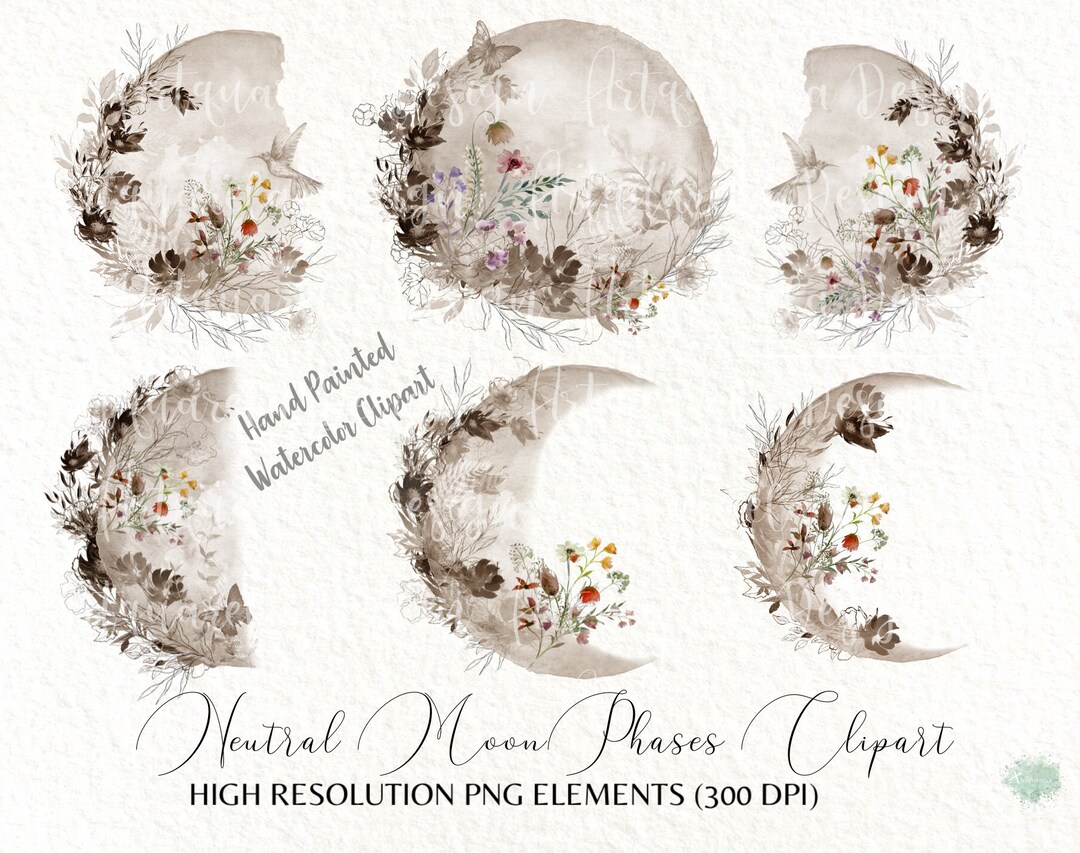 Moon Phases Clipart Watercolor Neutral Floral Moon Boho,sublimation ...