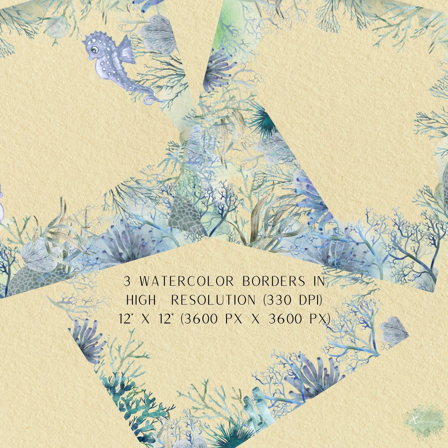 Watercolor Underwater Clip Art: Seahorse, Coral Borders (PNG, 300 DPI ...