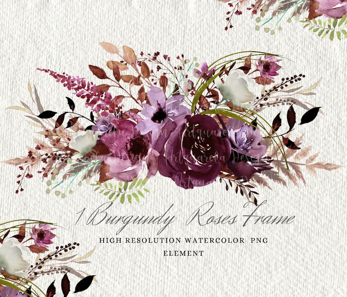 Burgundy Watercolor Floral Clipart Elegant Floral Frame - Etsy
