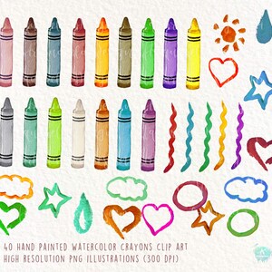 Watercolor Crayon Set Clip Art- Hand Painted Coloring Crayon Teacher ...