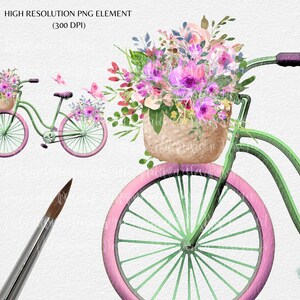 Floral Bicycle Clipart,watercolor Pink Bike PNG With Basket Touring ...