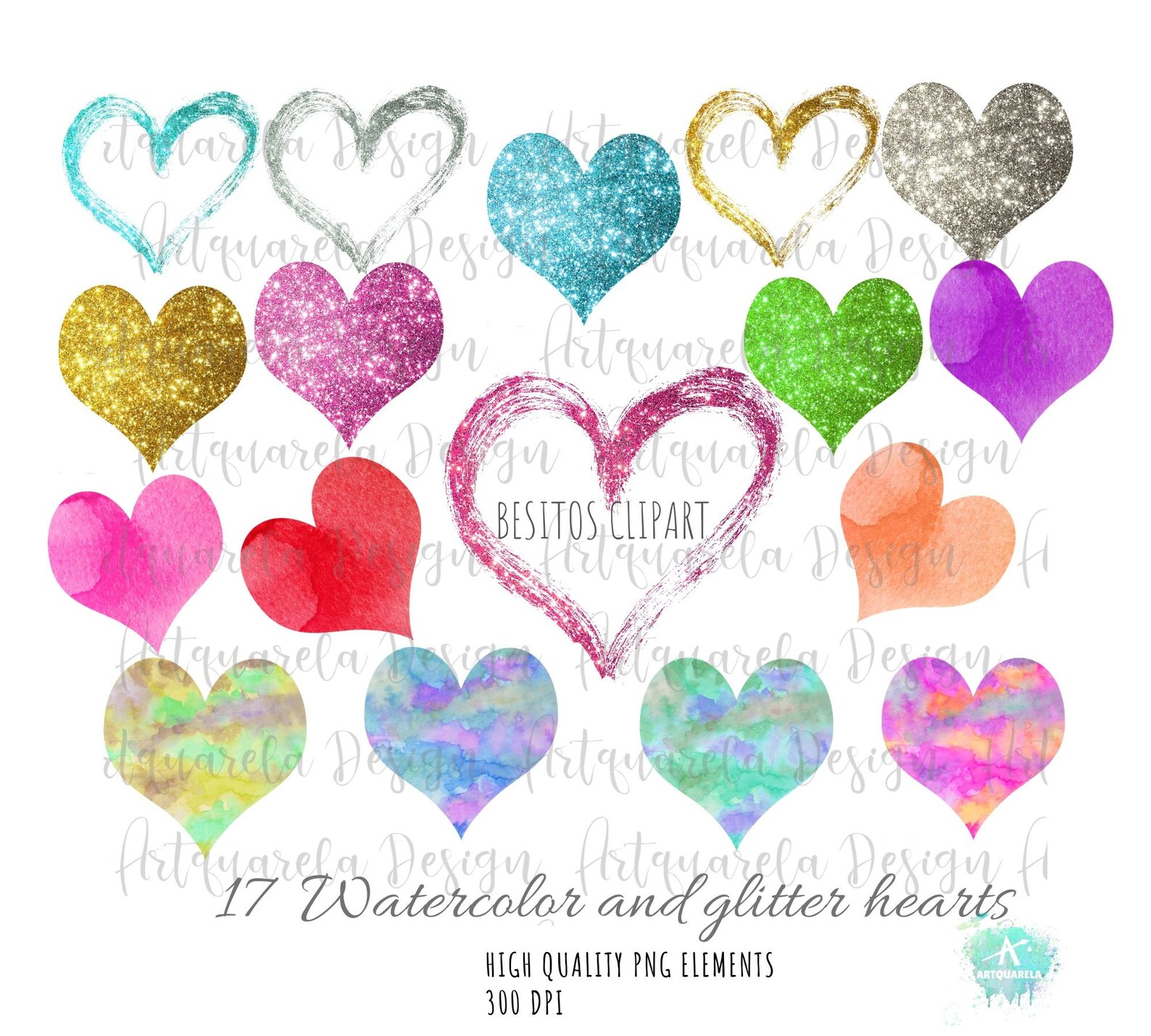 Heart Clipart Setwatercolor Rainbow Hearts Pngglitter Heart - Etsy