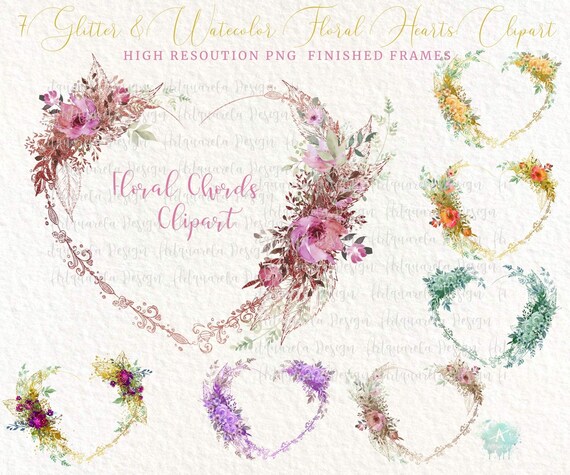 7 Floral hearts finished frames clipart Glitter hearts png | Etsy