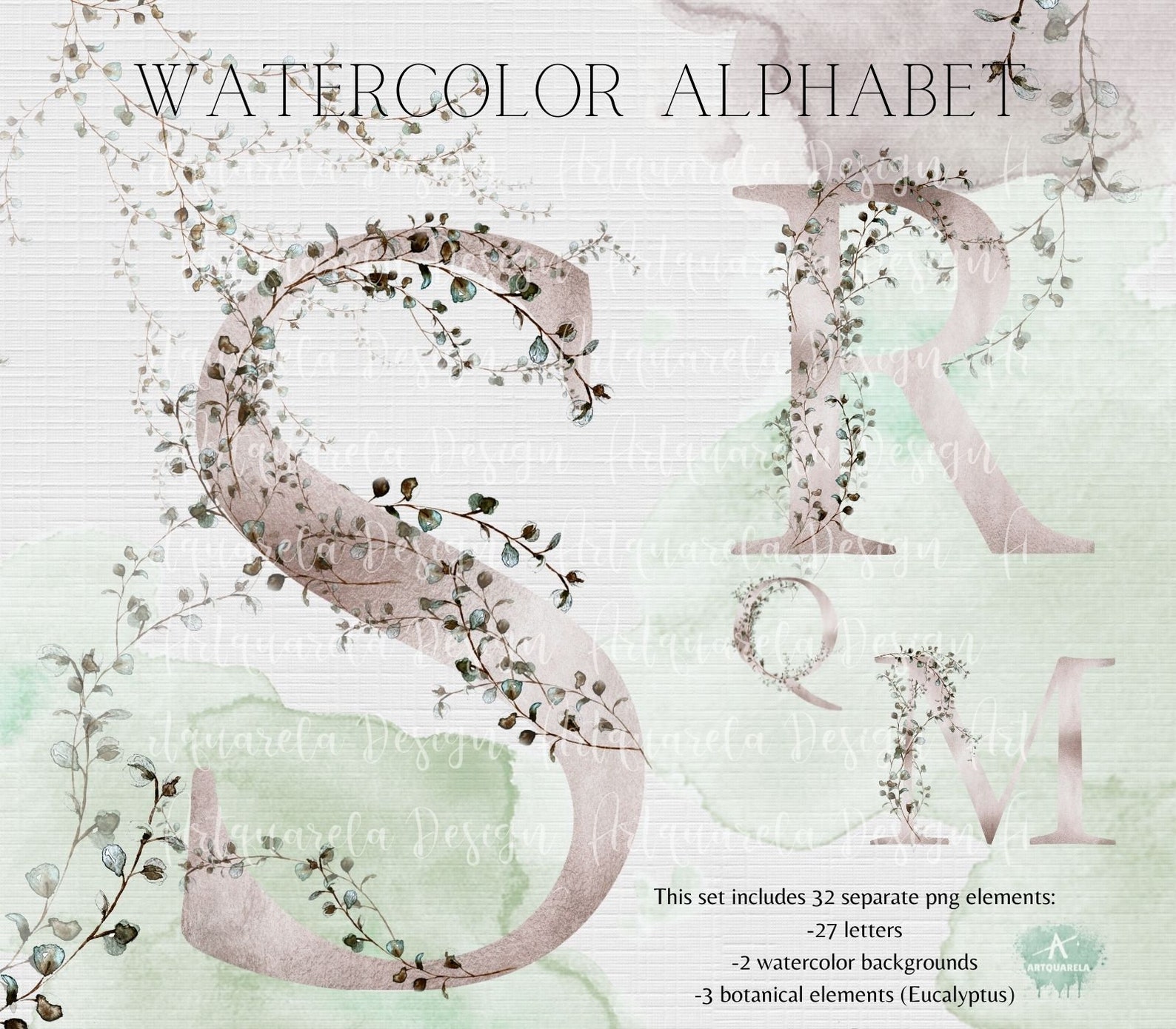 Alphabet Clipart Set Watercolor Initials With Eucalyptus - Etsy