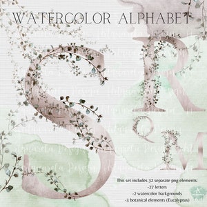 Alphabet Clipart Set, Watercolor Initials With Eucalyptus, Watercolor ...