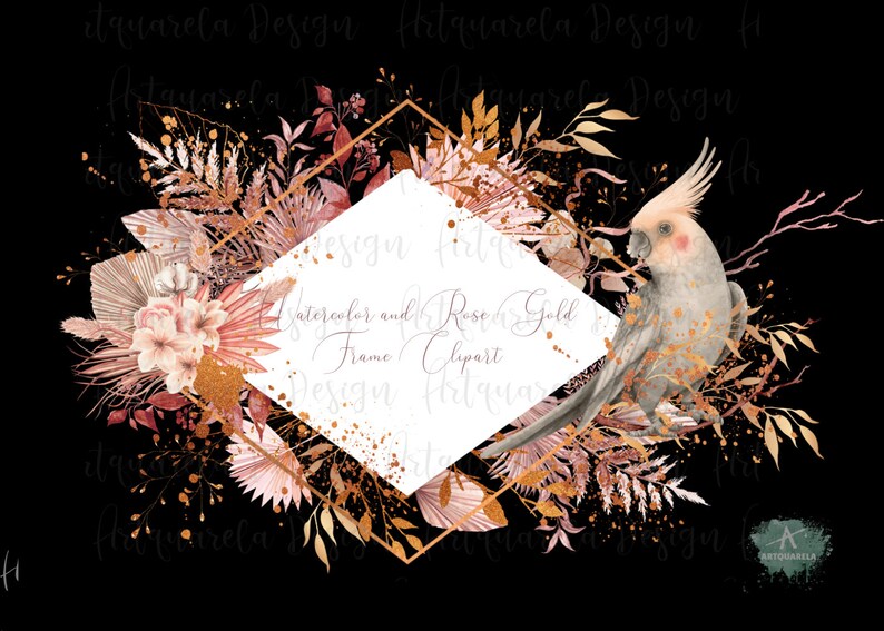 Cardinal Bird Floral Frame Clipart Rose Gold and Watercolor - Etsy
