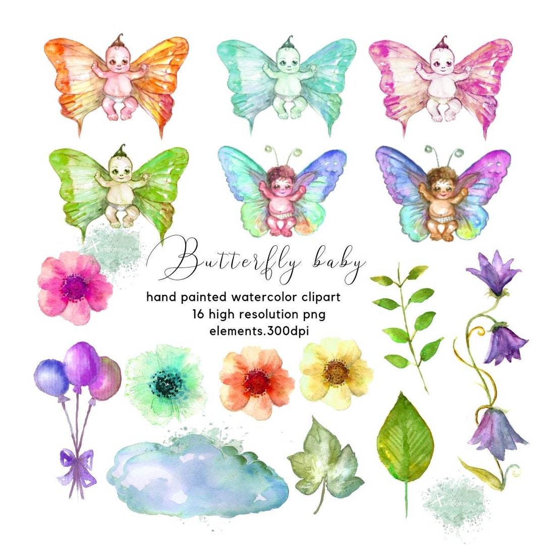 Watercolor Butterfly Baby Clipart, Hand-painted PNG Graphics (digital ...