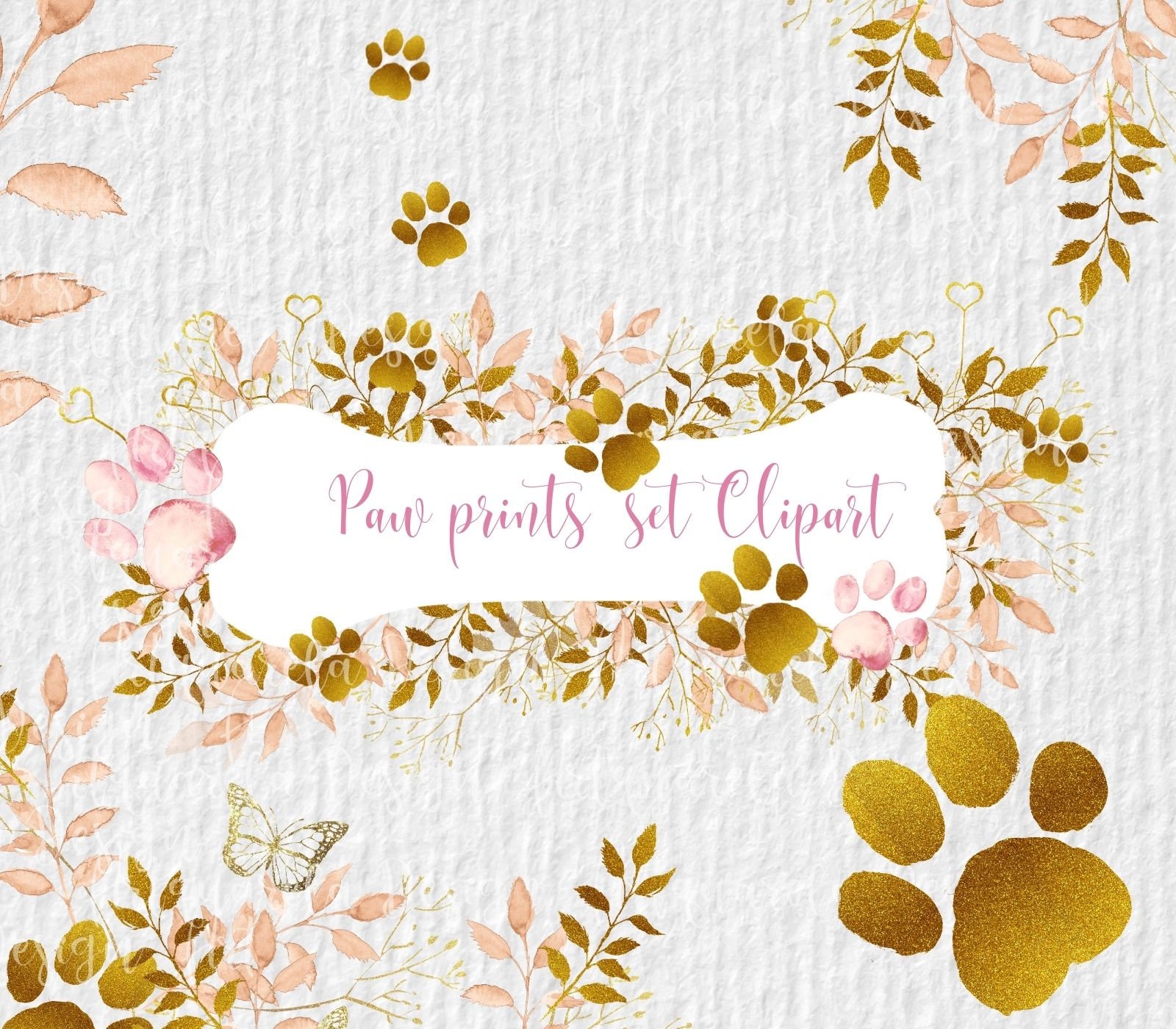 Paw Print Clipart Setcat Dog Paw Frame Watercolor & Gold Foil - Etsy ...