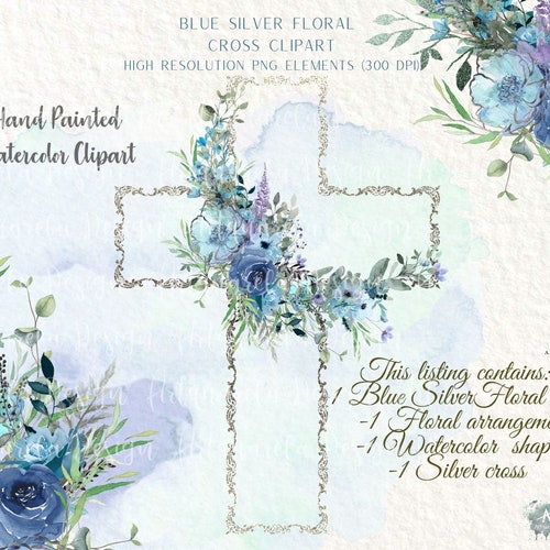 Watercolor Blue Floral Cross Clipart Religious Easter - Etsy