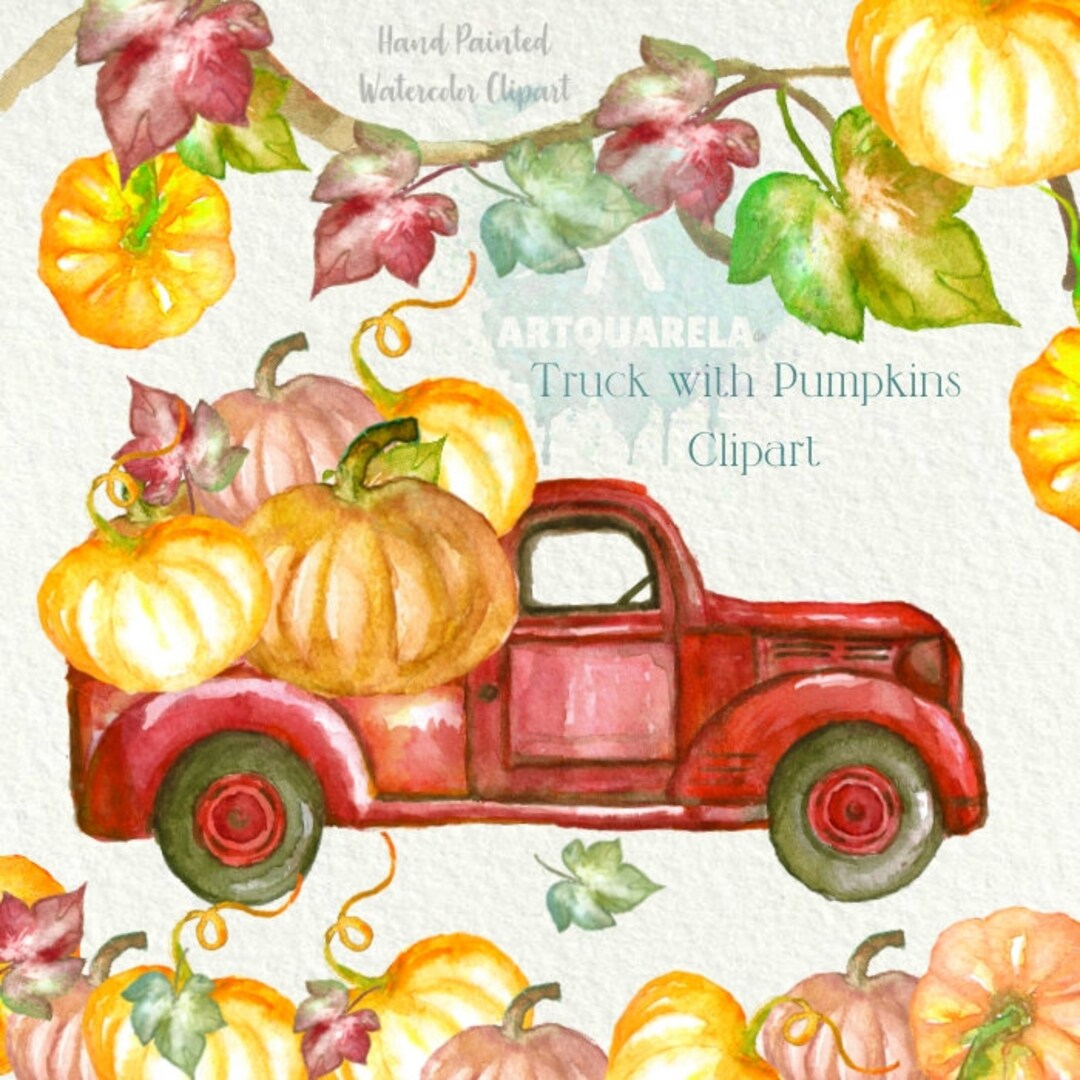 Watercolor Red Truck and Pumpkins Clipart, Fall Autumn Set (PNG) - Etsy