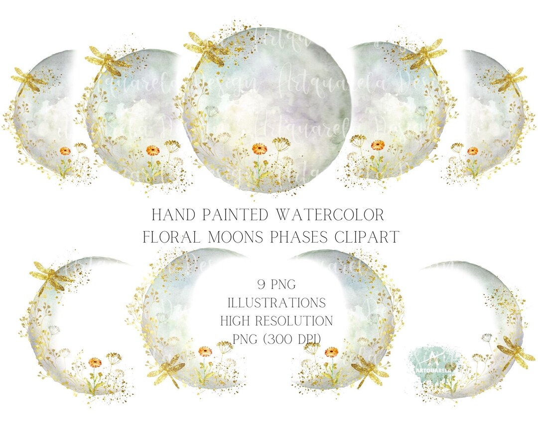 Floral Moons Clipart,watercolor & Gold Foil Decorated Moons, Boho ...