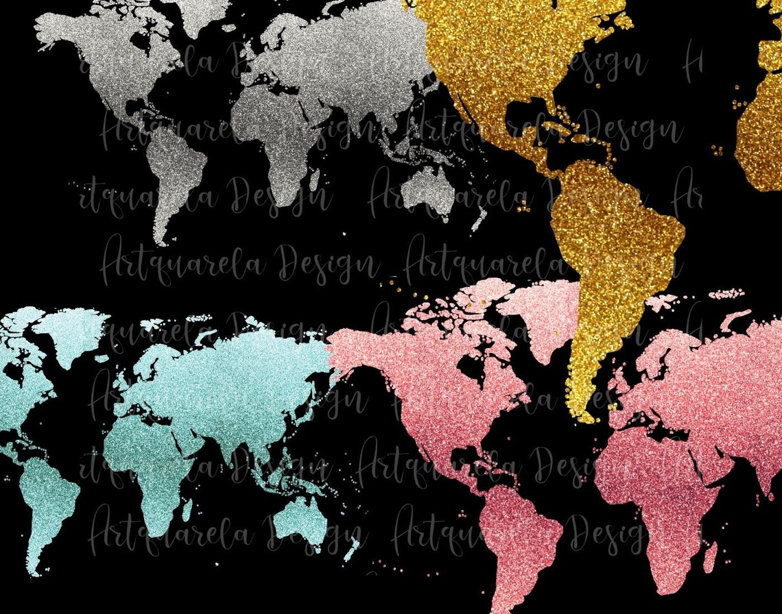 15 World Maps Clipart Watercolor and Glitter Maps Png - Etsy