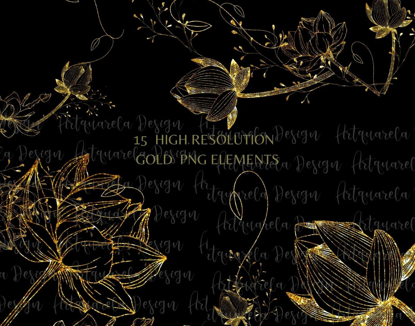 Gold Glitter Lotus Flowers Frames Clipart Set Gold Hand Drawn - Etsy