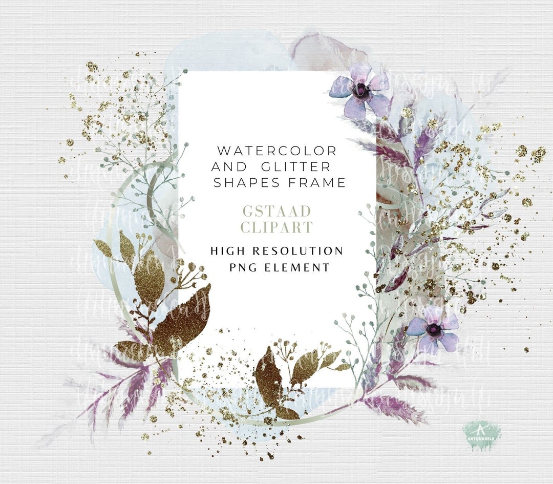Watercolor & Silver Glitter Floral Frame Clipart Png Lavender Tone ...