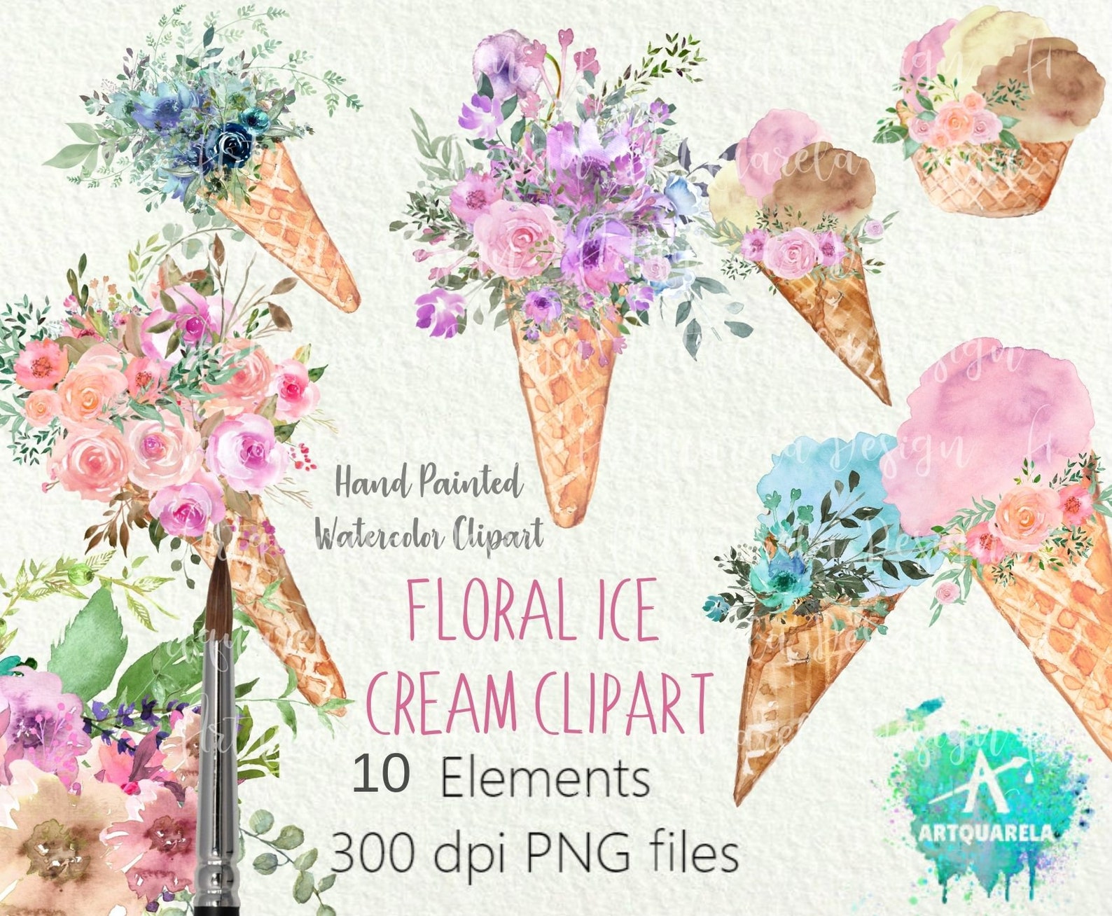 Floral Ice Cream Clipart Pink Flowers Blue Roses Ice Cream - Etsy