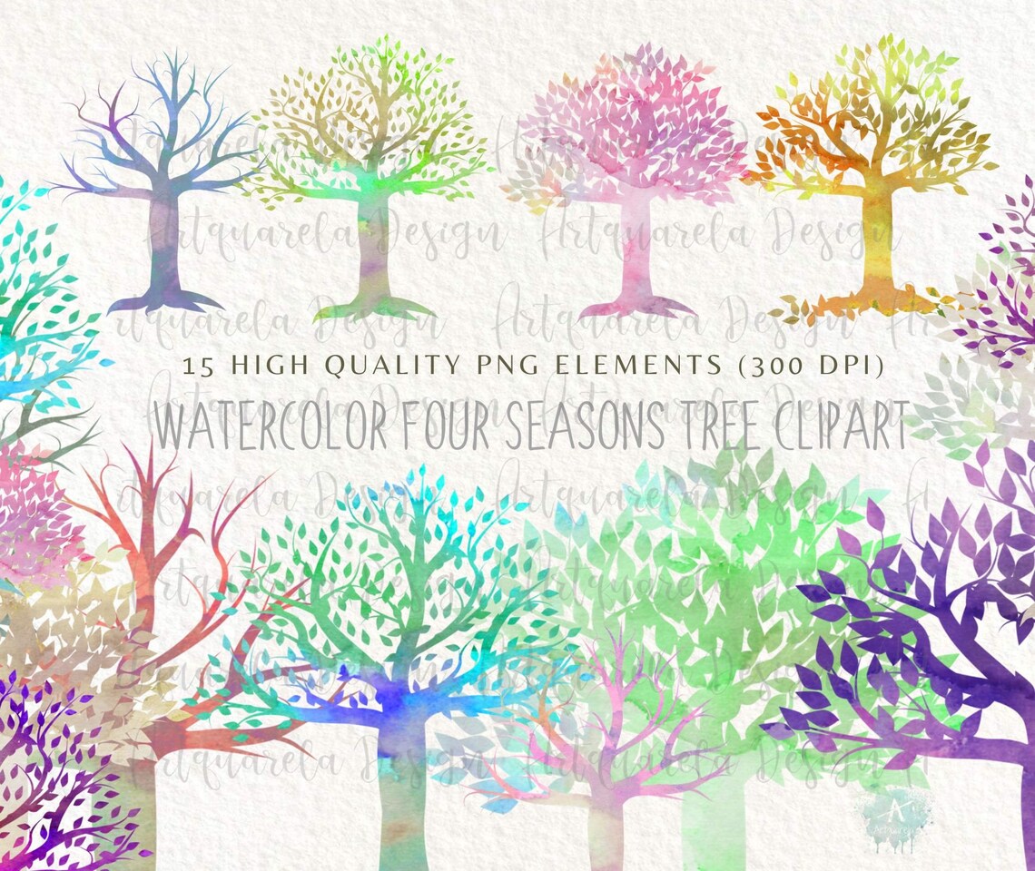 Four Seasons Watercolor Trees Clip Art Spring Summer Winter | Etsy