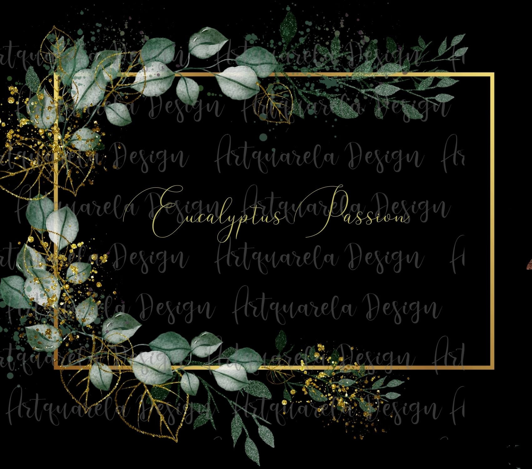 Eucalyptus Frame Clipart Watercolor & Gold Eucalyptus Frame - Etsy Canada