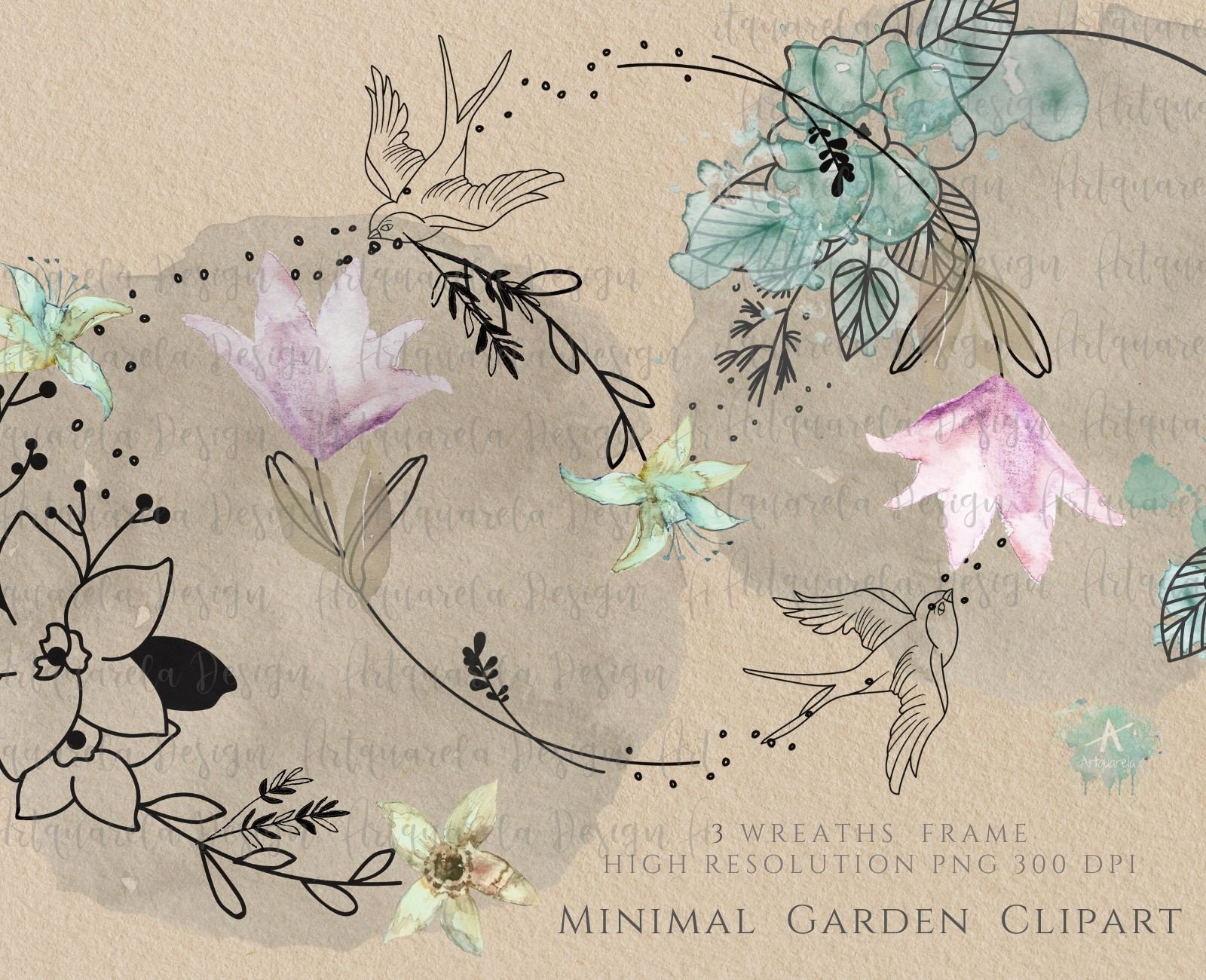 3 Hand Drawn Fine Line art & watercolor floral | Etsy