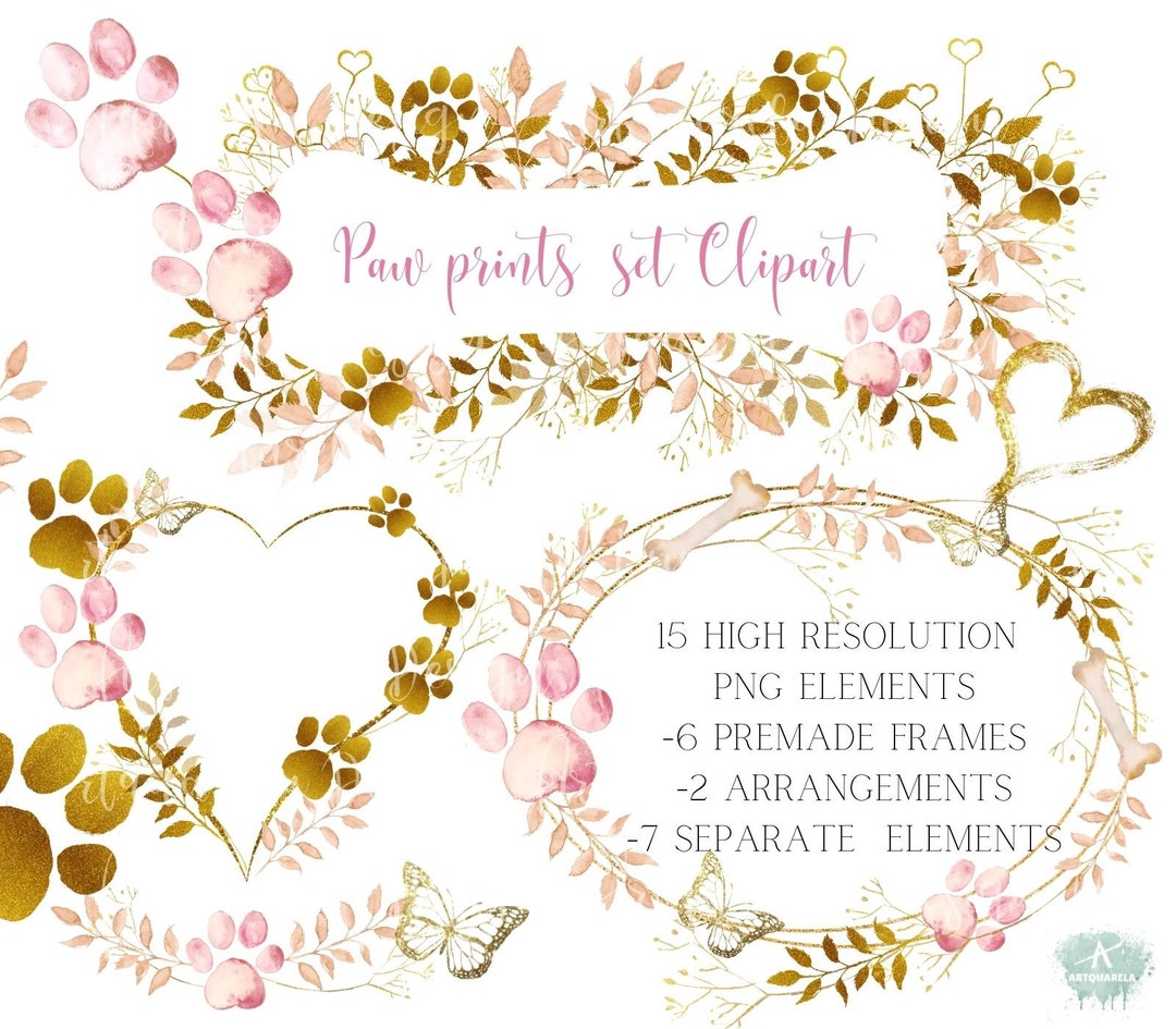Paw Print Clipart Set,cat Dog Paw Frame Watercolor & Gold Foil Paw ...