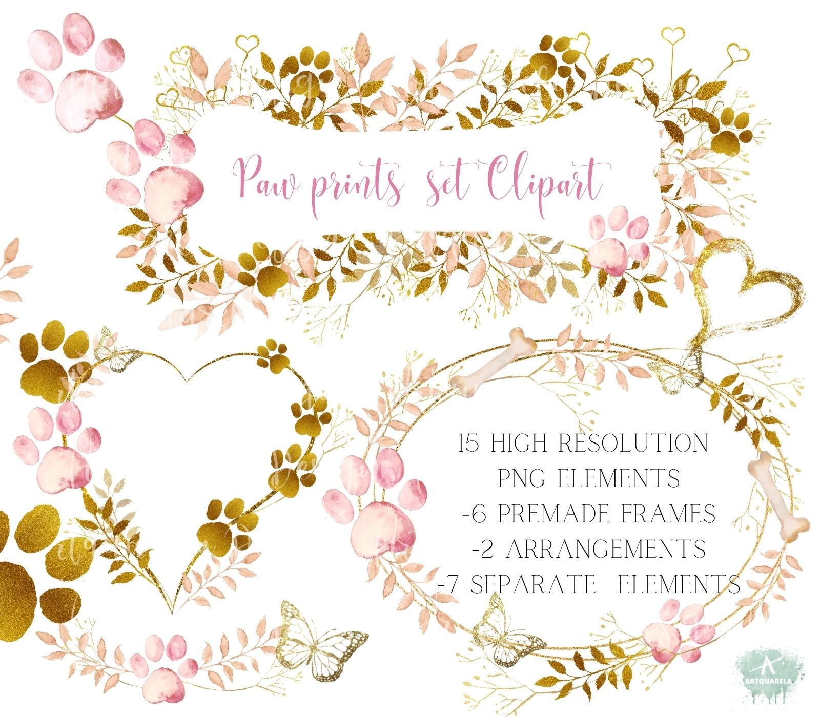 Paw Print Clipart Setcat Dog Paw Frame Watercolor & Gold Foil - Etsy