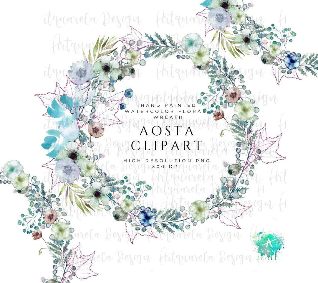 Watercolor Floral Wreath. Blue Roses & Glitter Leaves Dusty Blue Floral ...