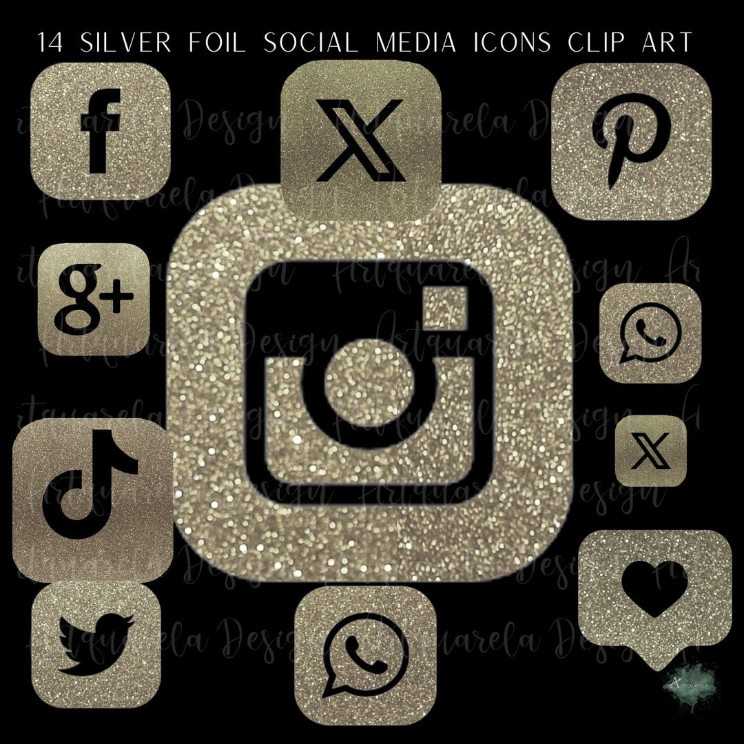 14 Silver Foil Social Media Icons Clip Art- Social Network Glitter Icon ...