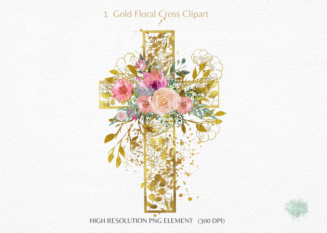 Floral Gold Cross Clipart: Watercolor Baptism PNG (commercial Use) - Etsy