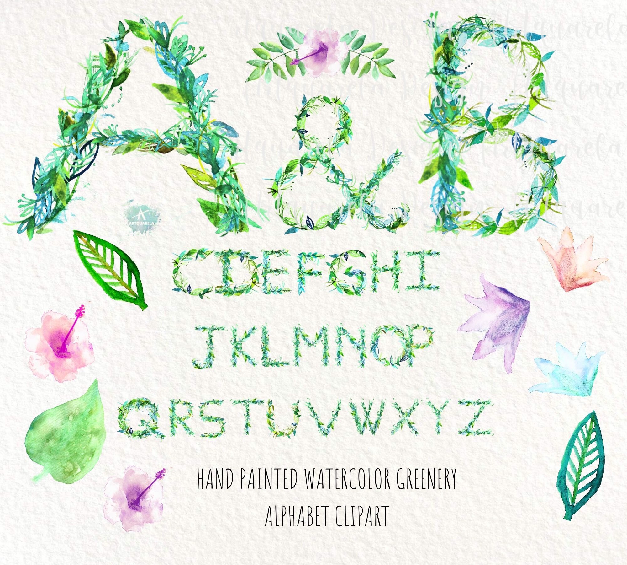 Watercolor Botanical Alphabet Clipart Greenery Initials | Etsy