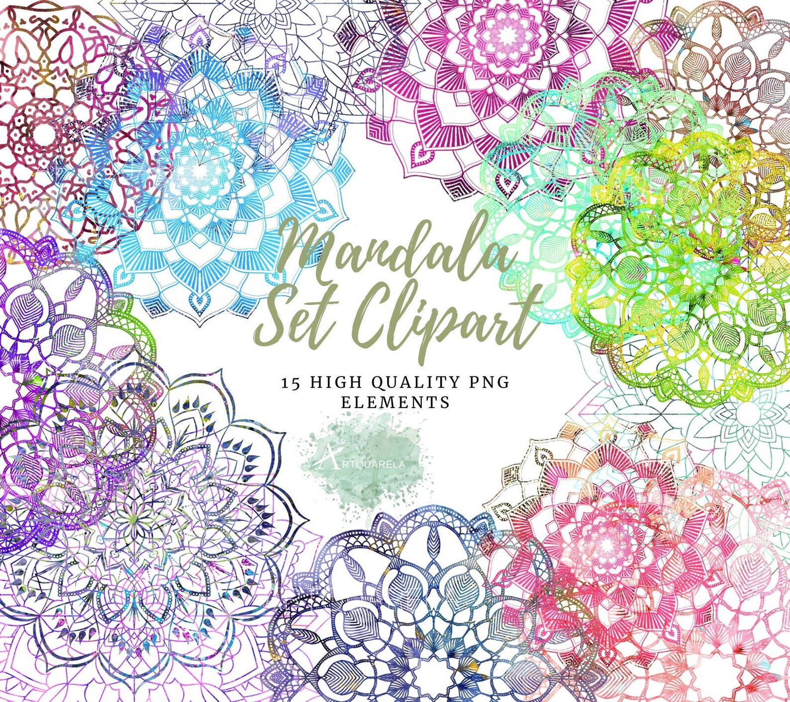 15 Mandalas Clipart Set Watercolor Holístic Circles,zentangle,yoga ...