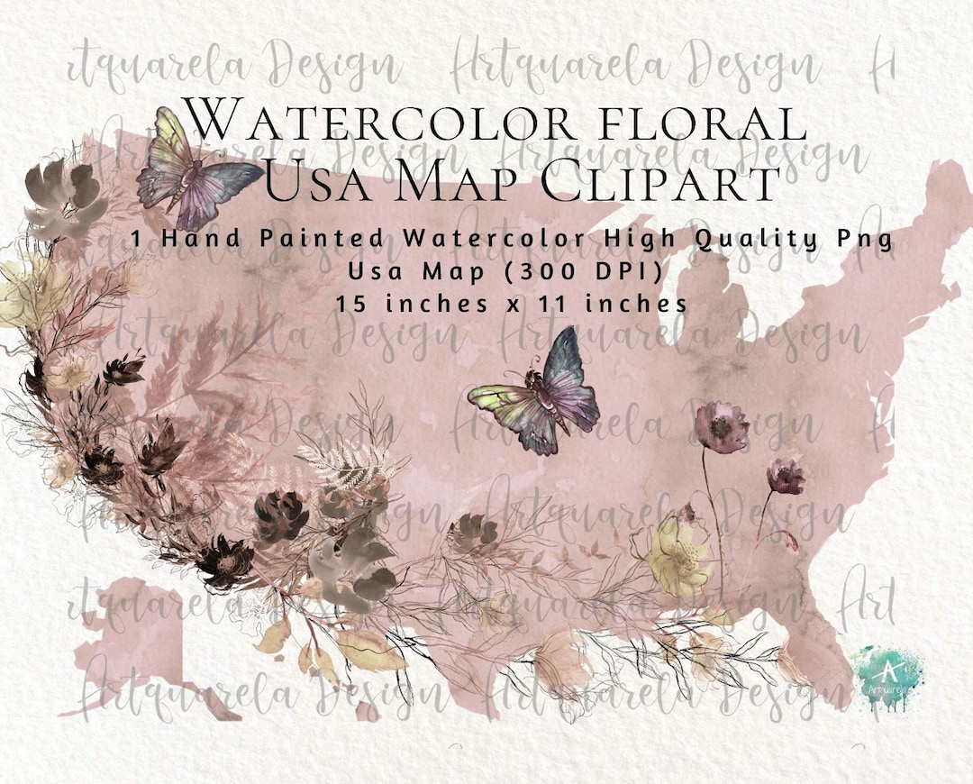 Watercolor USA Map Clipart ,united States Map, Hand Drawn Map, Blush ...