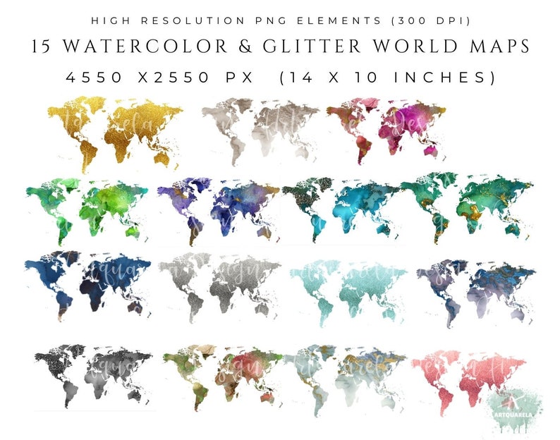 15 World Maps Clipart Watercolor and Glitter Maps Png - Etsy