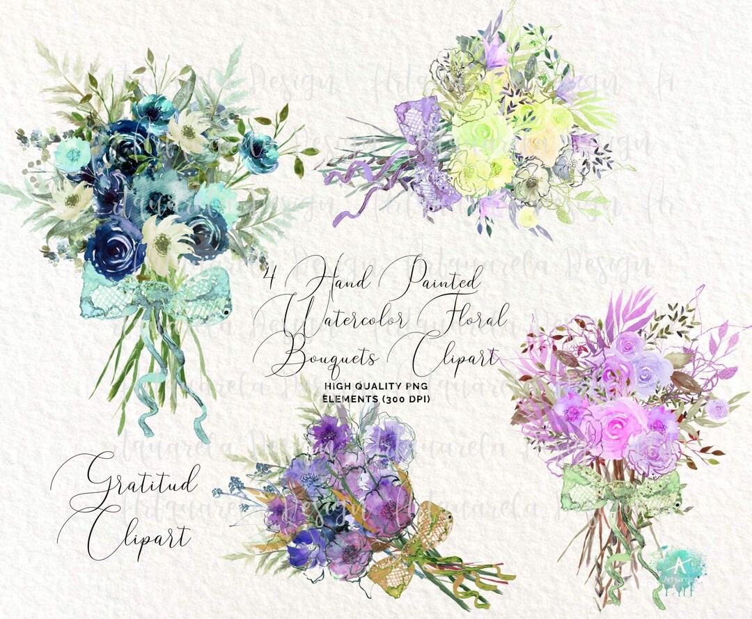 4 Watercolor Floral Bouquets Clipart Blue Purple Flowers Finished ...