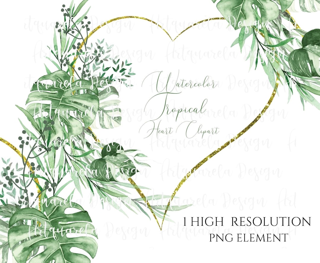 1 Watercolor & Gold Foil Tropical Heart Clipart-monstera Heart Frame ...