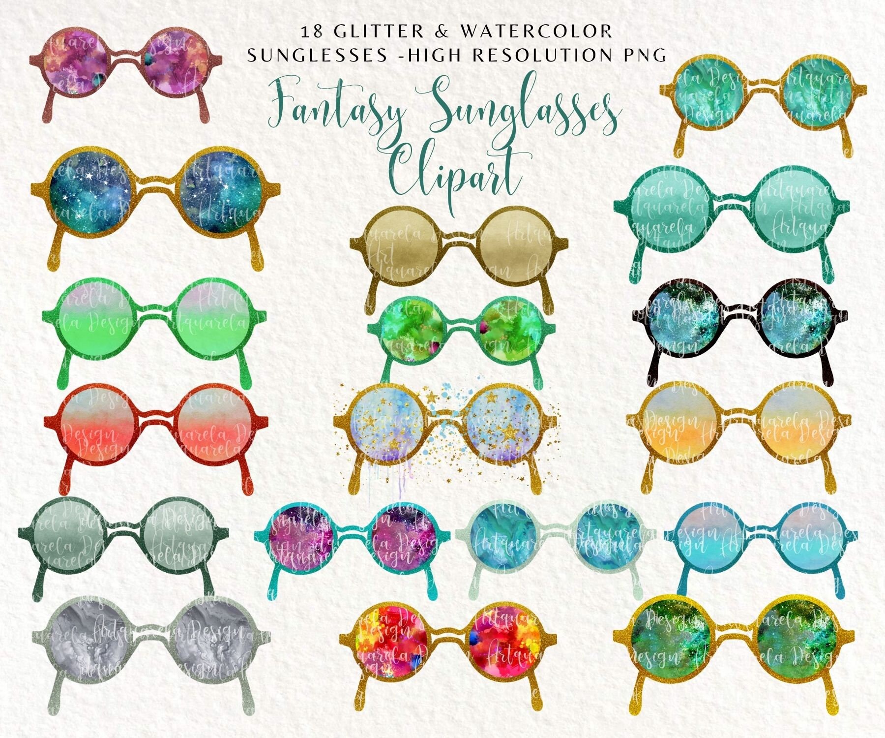 Sunglasses Clip Art Set Watercolor & Glitter Decorated | Etsy