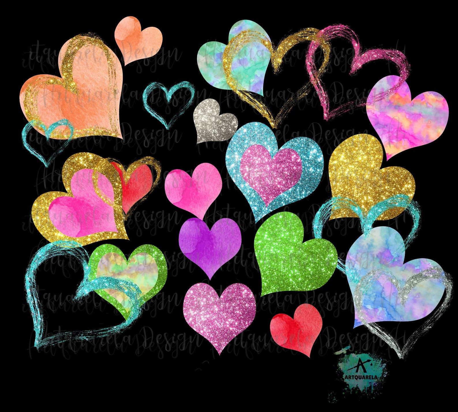 Heart Clipart Setwatercolor Rainbow Hearts Pngglitter Heart - Etsy