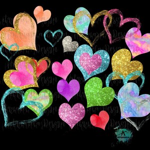 Heart Clipart Set,watercolor Rainbow Hearts Png,glitter Heart Clipart ...