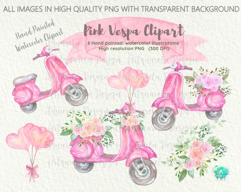 Watercolor Vespa Clipartvintage Motorcycle Png Pink Floral - Etsy