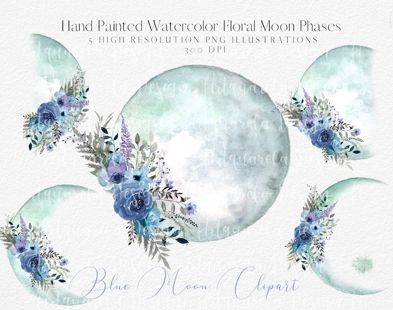 Floral Moon Phases Clipart-watercolor Light Blue Moon With - Etsy