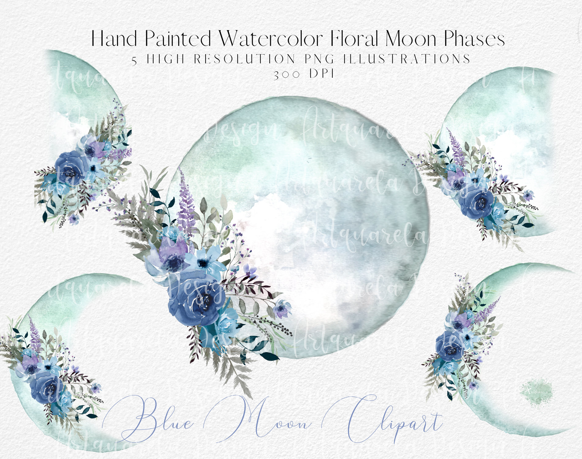 Floral Moon Phases Clipart-watercolor Light Blue Moon With - Etsy