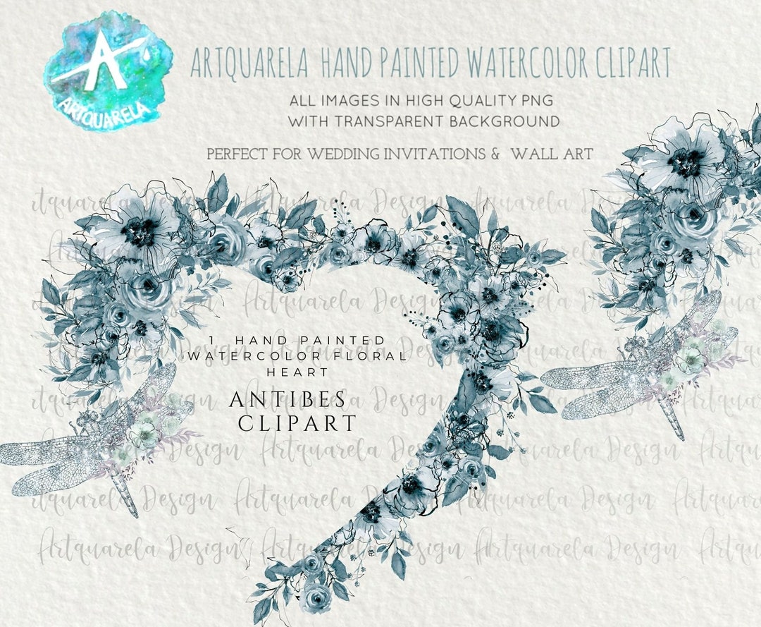 1 Blue Floral Heart Wreath With Dragonfly Clipart,hand Painted ...